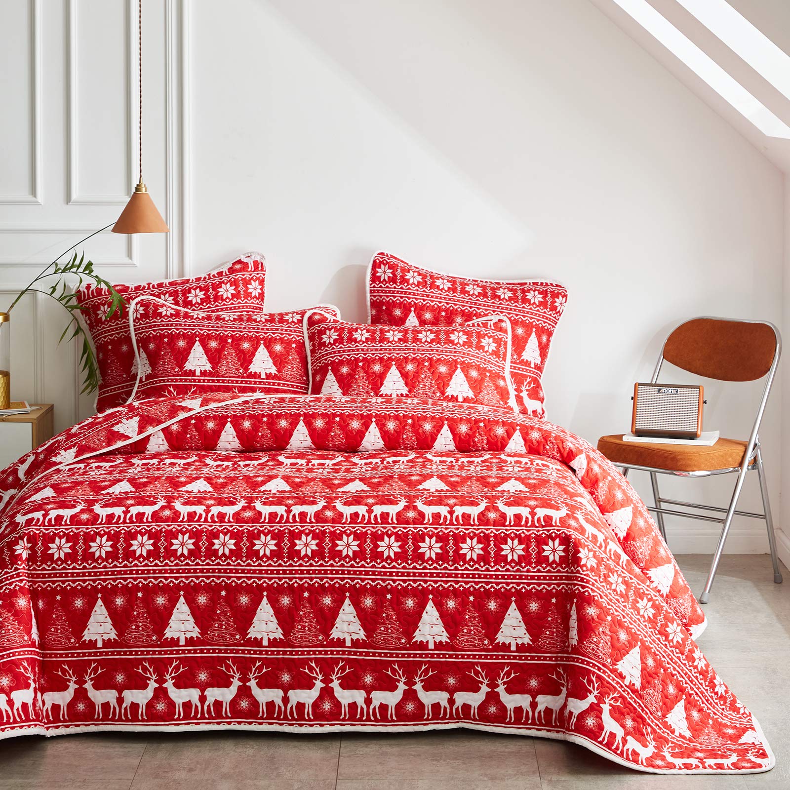 3 Pieces Quilt Set Christmas Red and White Deer with Snowflake King Size Full Queen 88"x88" Soft Microfiber Lightweight New Year Holiday Style Reversible