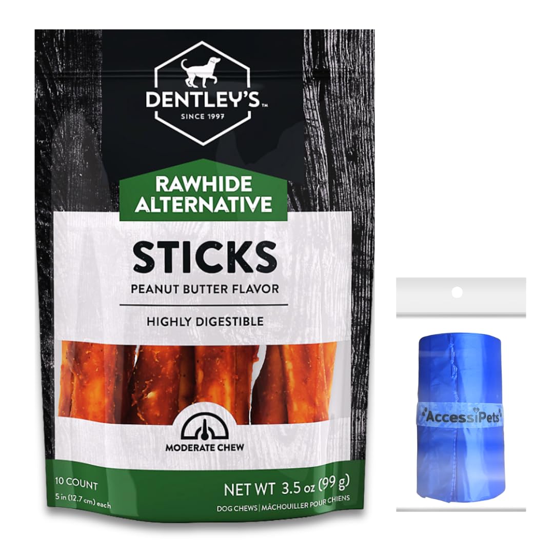 AccessiPets Dog Chew Bundles for Small & Medium Dogs, Rawhide Free Alternative 5 in Retriever Sticks Bundle with 1 Dog Waste Roll, Dental Rolls for Moderate Chewers (Peanut Butter, 10 Count)