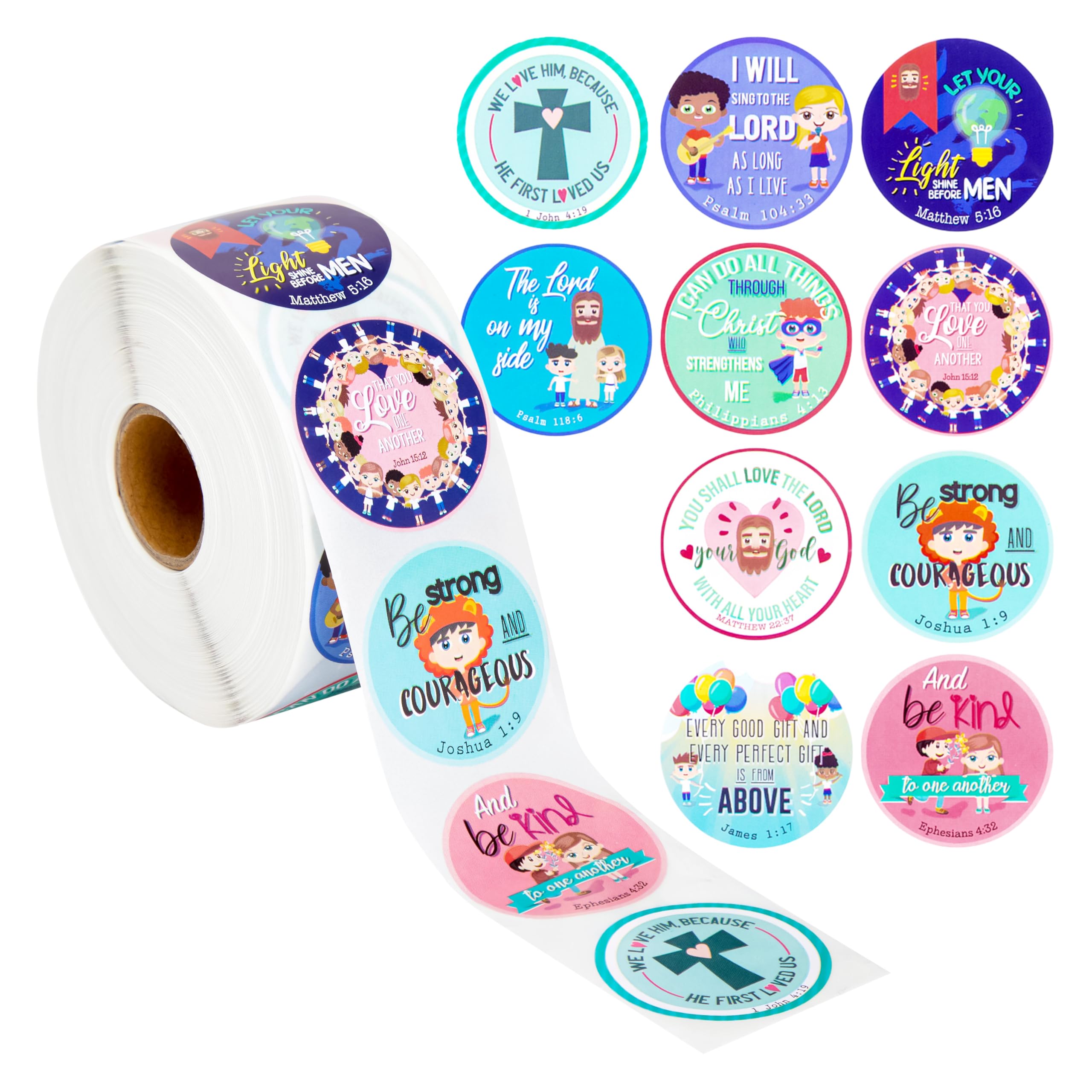 Juvale 1000 Pieces Christian Stickers, Bible Verse Stickers for Kids, Easter, School, Religious Sticker Roll, 10 Designs, James 1:17, Psalm 104:33, Ephesians 4:32 (1.5 in)
