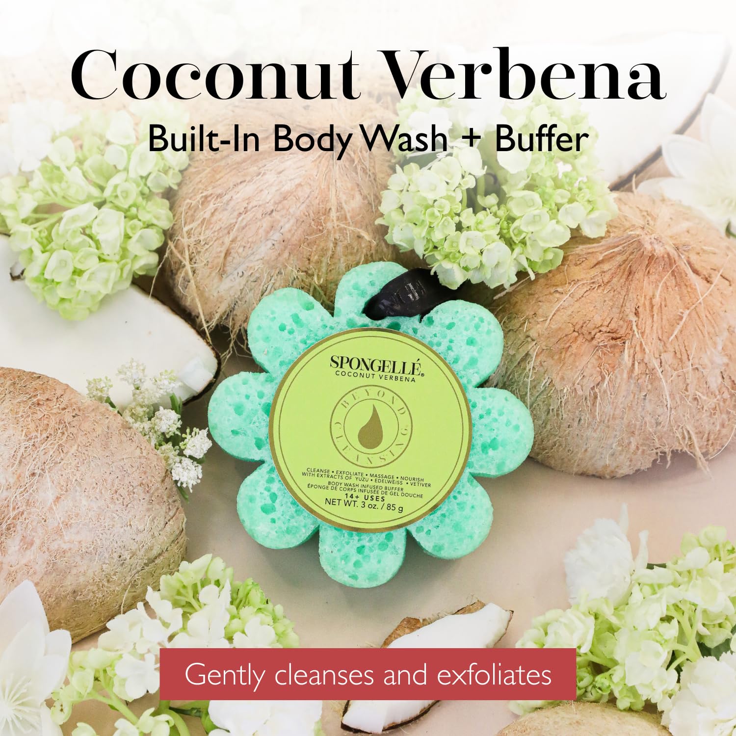 Spongelle Coconut Verbena Wild Flower Buffer Body Scrubber | Bath & Shower Loofah for Women | Exfoliator with Body Wash Infused Sponge | 14+ uses