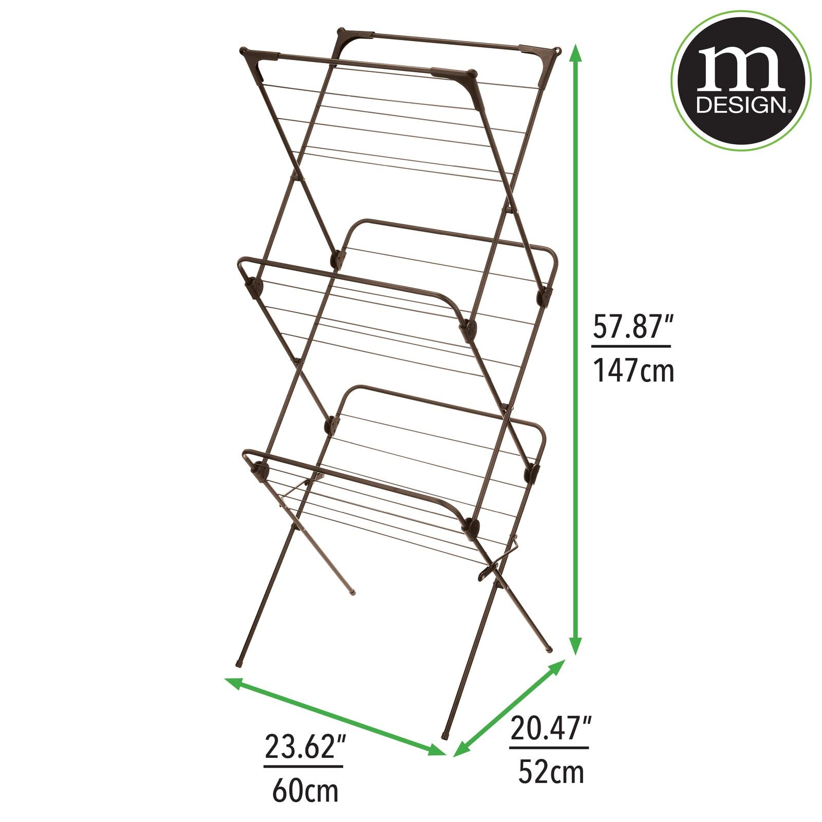 mDesign Tall Metal Foldable Laundry Clothes Drying Rack Stand - Compact, Portable, Folding, and Collapsible for Storage - Large Capacity, 27 Drying Rods, 46 Feet of Drying Hanger Space - Bronze