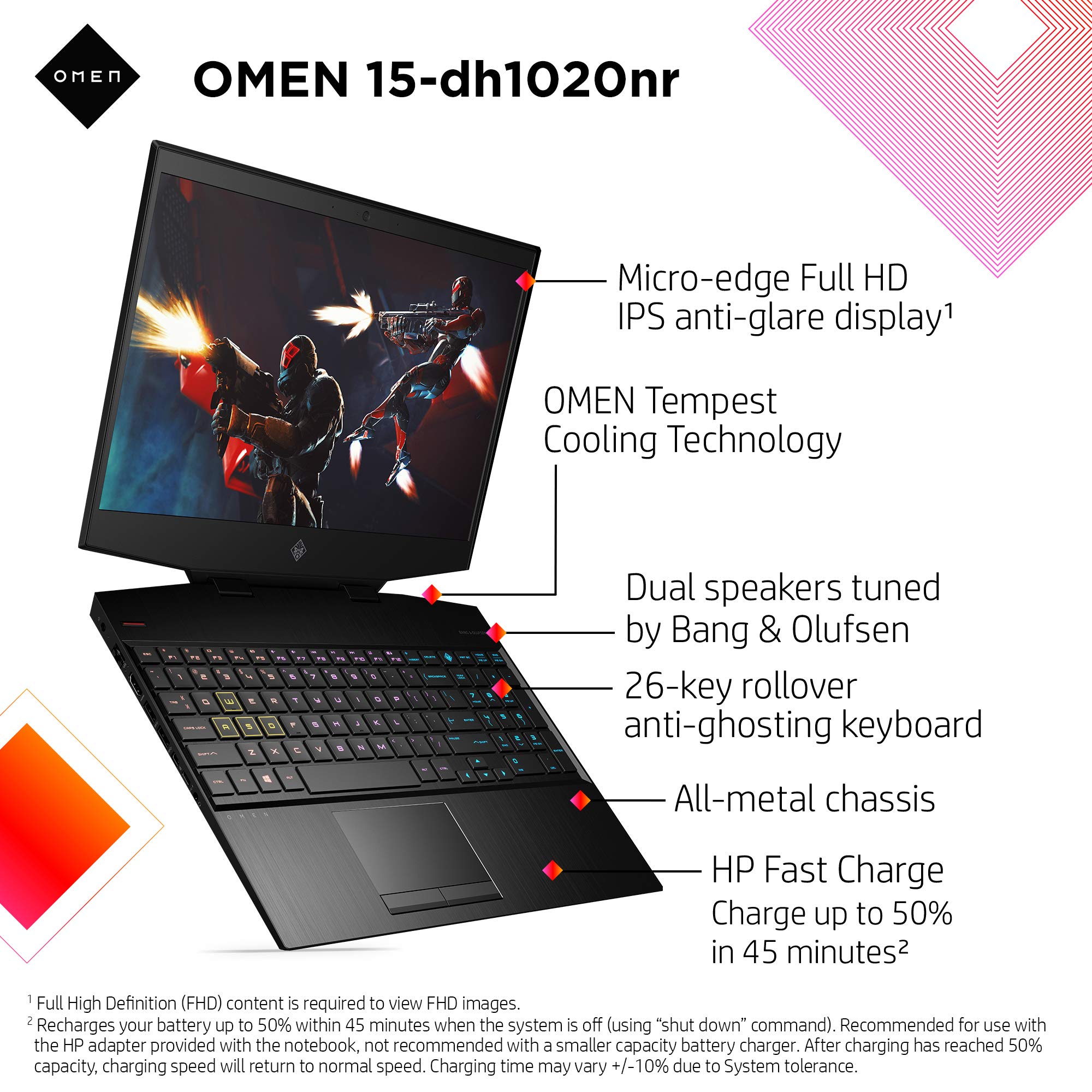 OMEN 15 Gaming Laptop, NVIDIA GeForce GTX 1660 Ti, Intel Core i7-10750H, 8 GB DDR4 RAM, 512 GB PCIe NVMe SSD, 15.6" Full HD, Windows 10 Home, RGB Keyboard (15-dh1020nr, 2020 Model)