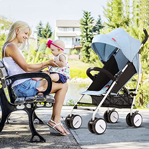 Umbrella Baby Stroller Lightweight Compact Stroller All Terrain Convenience Carriage Stroller Travel Tall Pram for Toddler Big Kids Single Stroller (Azure)
