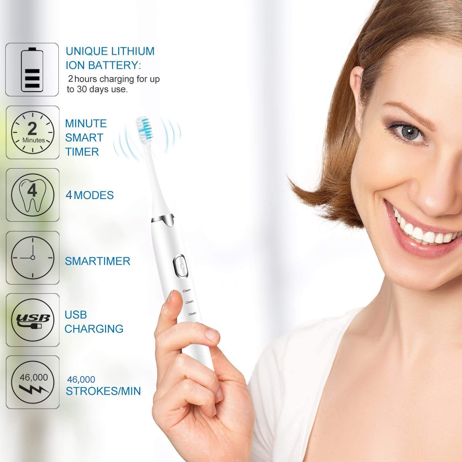 WOSUK Electric Sonic Toothbrush Powerful Sonic Cleaning Toothbrush with Timer 4 Modes Dentists Recommend Sonic Rechargeable Toothbrush for Adults, 2 Hr Charge Last 30 Days, 4 Brush Heads