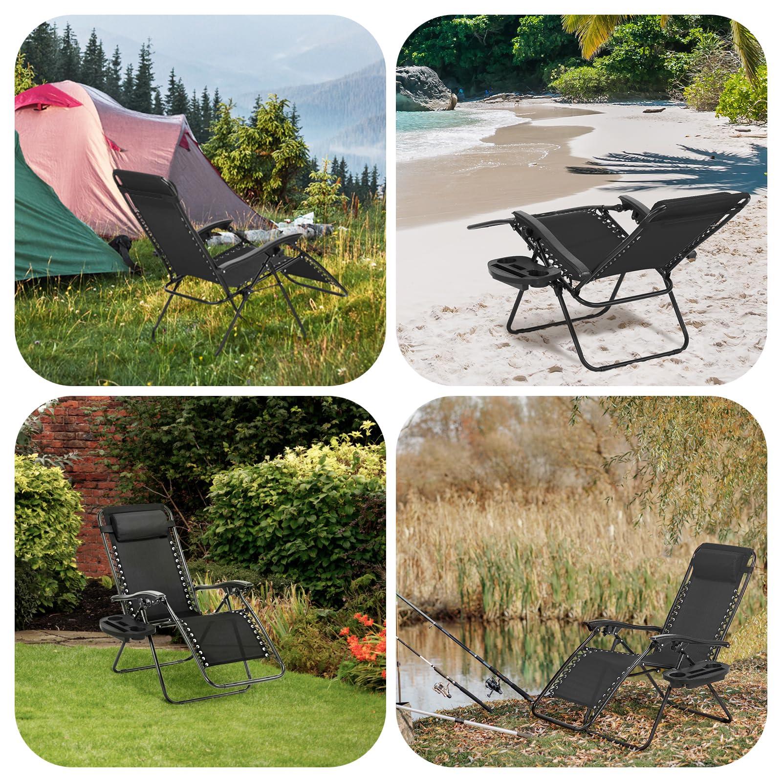 TOMSHOO Zero Gravity Chair Patio Recliner Chair Set of 2 Folding Camping Chairs with Cup Holder Adjustable Headrest Reclining Lounge Chair for Poolside Backyard and Beach (Black)