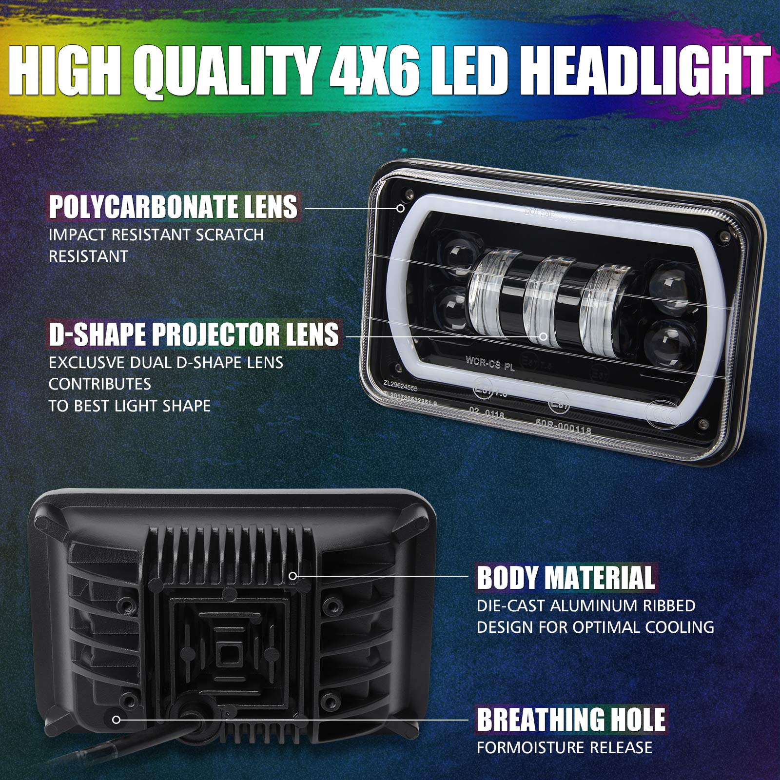 4x6 Led Headlight RGB Halo Ring, Music Mode, Smartphone APP Control, Seal Beam Replace H4651 H4656 H4666 Rectangular Square Headlights for Trucks Peterbilt Kenworth Monte Carlo Oldsmobile (2PC Pack)