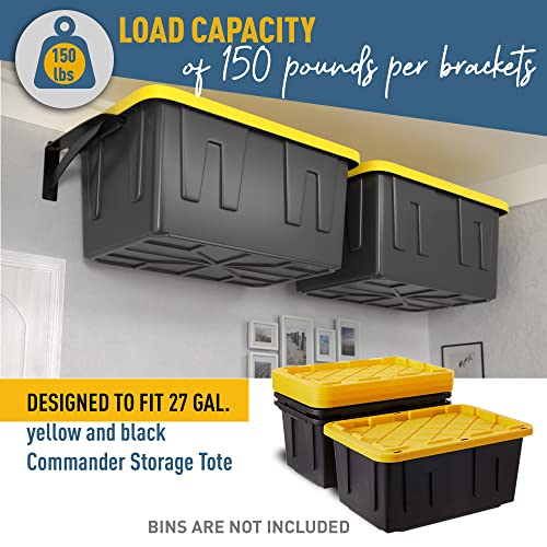 Koova Wall Mounted Tote Rack Storage System, Fits 27-Gallon Black and Yellow Commander Style Bins, Wall Mount Bracket Shelves for Garage or Shed Organization, Heavy Duty Steel, Made in USA (3-Piece Set)
