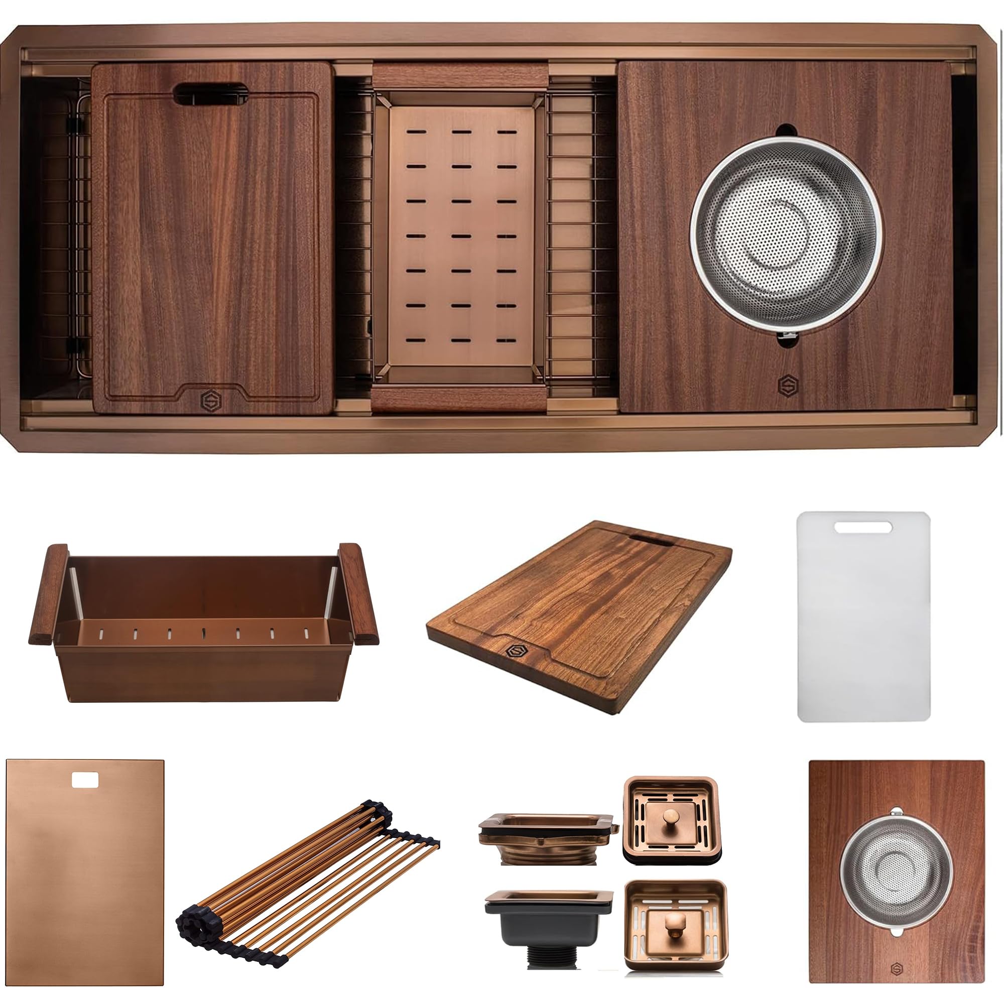 Strictly Sinks 45” Copper Workstation Sink - 16 Gauge 45 Inch Stainless Steel Sink - 2-Tier Undermount Kitchen Sink with 2 Square Strainer Drains, 1 Disposal Adapter, & 6 Workstation Sink Accessories
