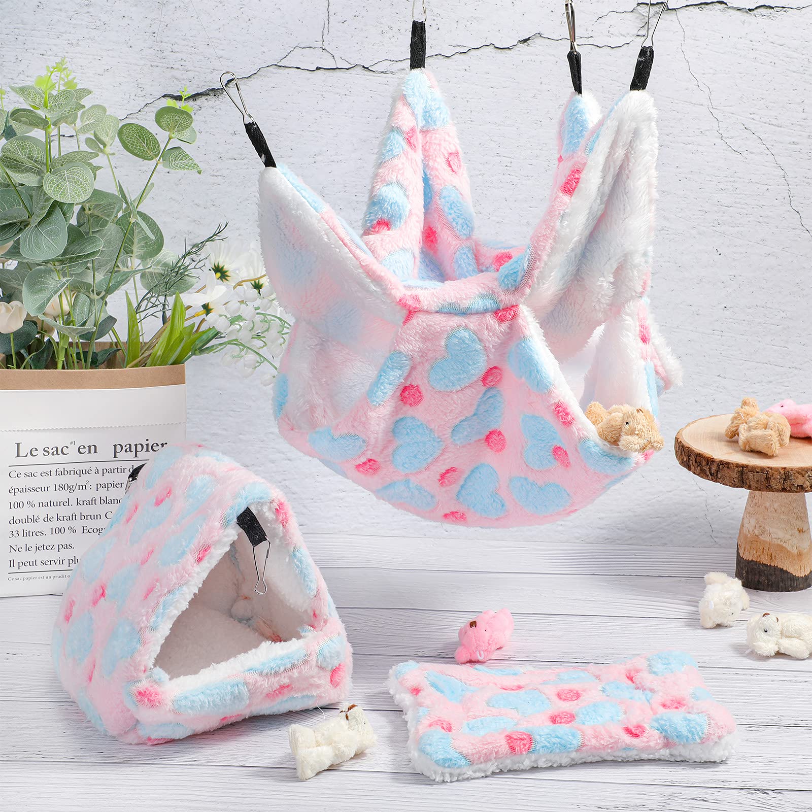 3 Pieces Small Pet Cage Hammock Set Include Double-Layer Sugar Glider Swinging Bed Hanging Rat House Cage and Hamster Warm Bed Mat for Rat Parrot Ferret Squirrel Hamster Rat Playing Sleeping (Pink)