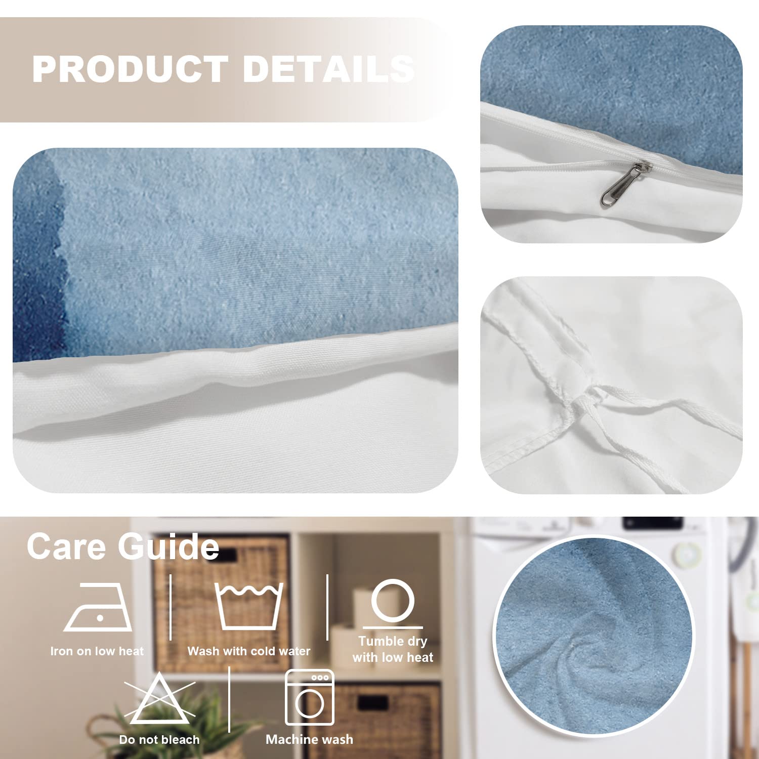 BaoNews Blue Grey Watercolor Ombre Blue Duvet Cover Set King Size,3 Pieces Bedding Set Hotel Quality 100% Cotton Comforter Cover Set with 2 Pillowcases(No Filler)
