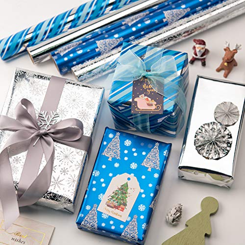 WRAPAHOLIC Christmas Wrapping Paper Roll - Blue and Silver Snowflake and Stripe Set with Metallic Foil Shine - 4 Rolls - 30 Inch X 120 Inch Per Roll