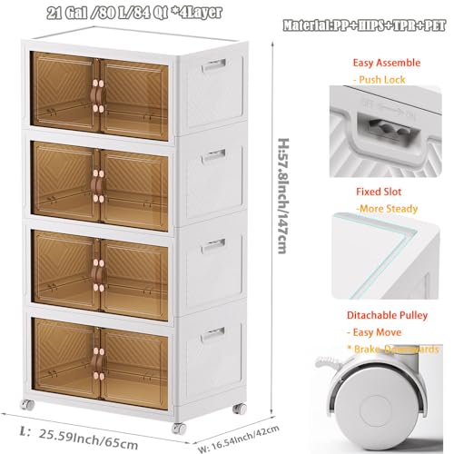84 Gallon Closet Organizers and Storage - Trunk Organizer, 4 Layer 21 Gal Collapsible Storage Bins, Dorm Room Essentials, Stackable Closet Organizer, Large Storage Bins with Wheels and Doors