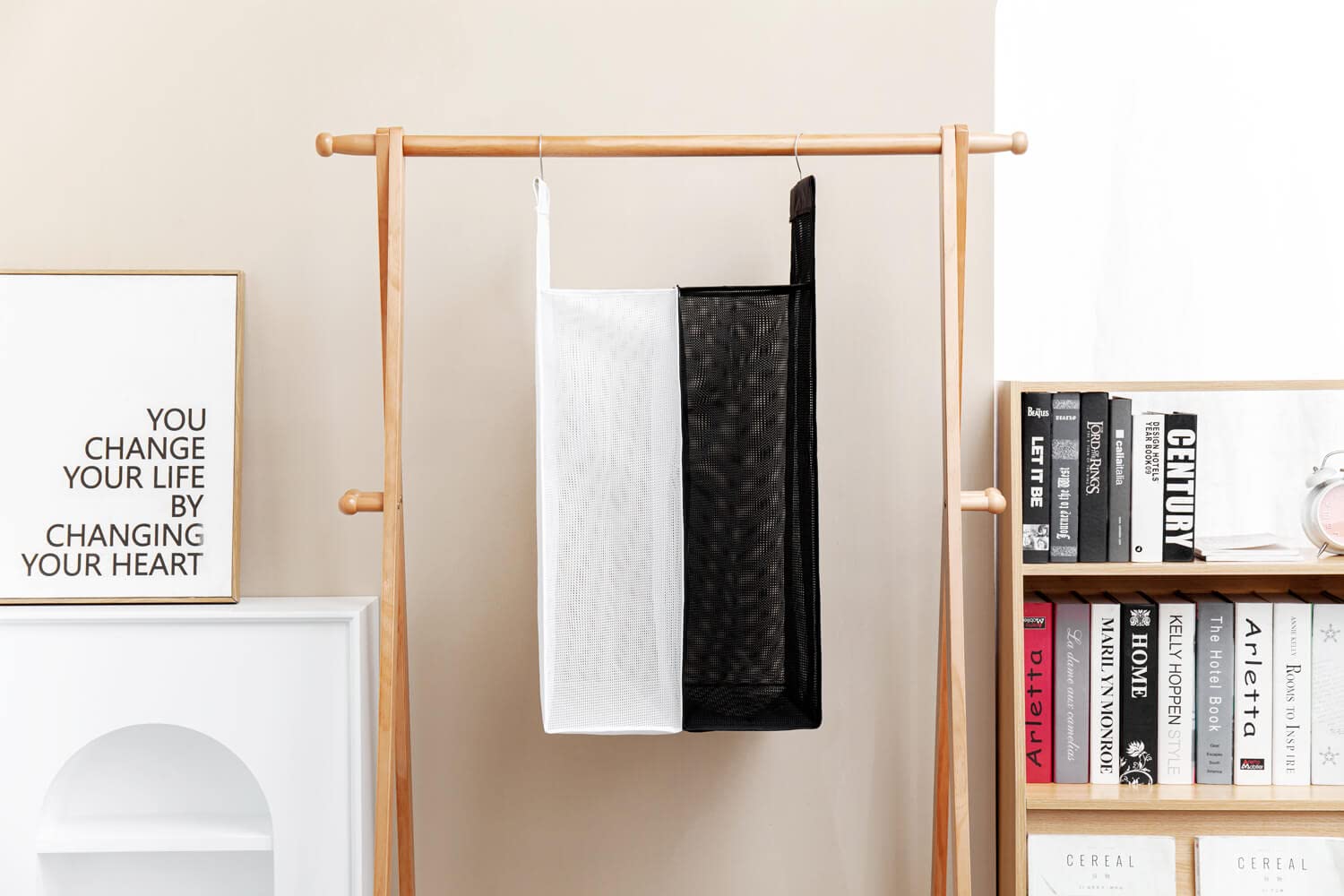 ALYER 2 Sections Collapsible Mesh Laundry Hamper,Hanging Heavy Duty Laundry Basket and Durable Dorm Bathroom Storage Bag with Two Hangers,Black & White