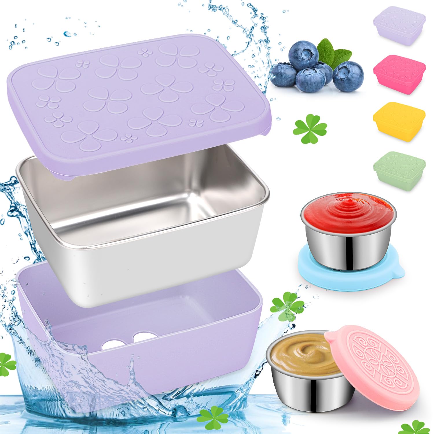 3PACK Stainless Steel Snack Containers Set,18.5OZ Metal Food Storage Container Leak Proof Snack Lunch Box with Silicone Lids [Full Protective Cover],Small Bento Boxes with 2x1.6OZ Sauce Cup-Green