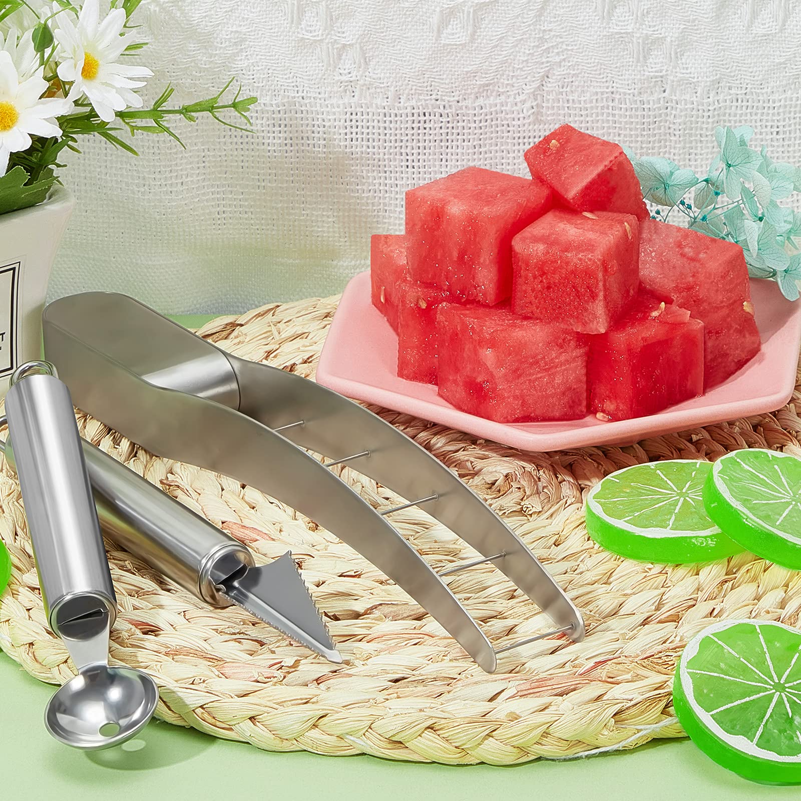 3 Pieces Watermelon Cutter Slicer Tools Stainless Steel Watermelon Cube Cutter Quickly Safe Watermelon Knife Fruit Digging Spoon Fruit Carving Tools for Kitchen Gadget