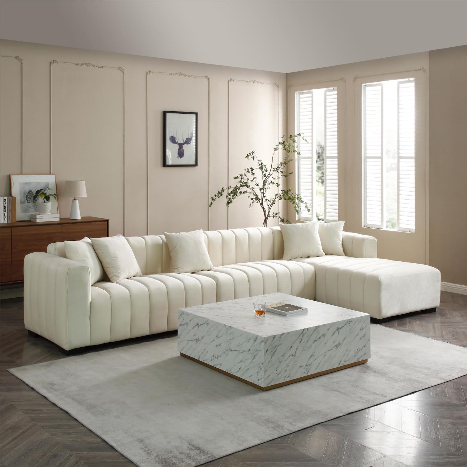 KEVINSPACE 139" Modern Large Velvet Fabric Sectional Sofa, L-Shape Couch 5-Seat Couch with 5 Same Color Pillows, Extra Wide Chaise Lounge for Living Room, Apartment, Office,Beige Right Facing