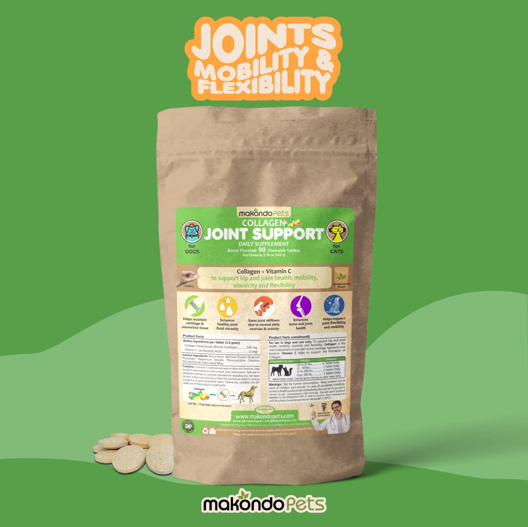 Makondo Pets - Collagen for Dogs & Cats - Collagen Supplements for Joint Health - Vitamin C Supplement for Joint Mobility - Joint Support Supplement for Dog & Cats - Bacon Flavored Tablets (90 Count)
