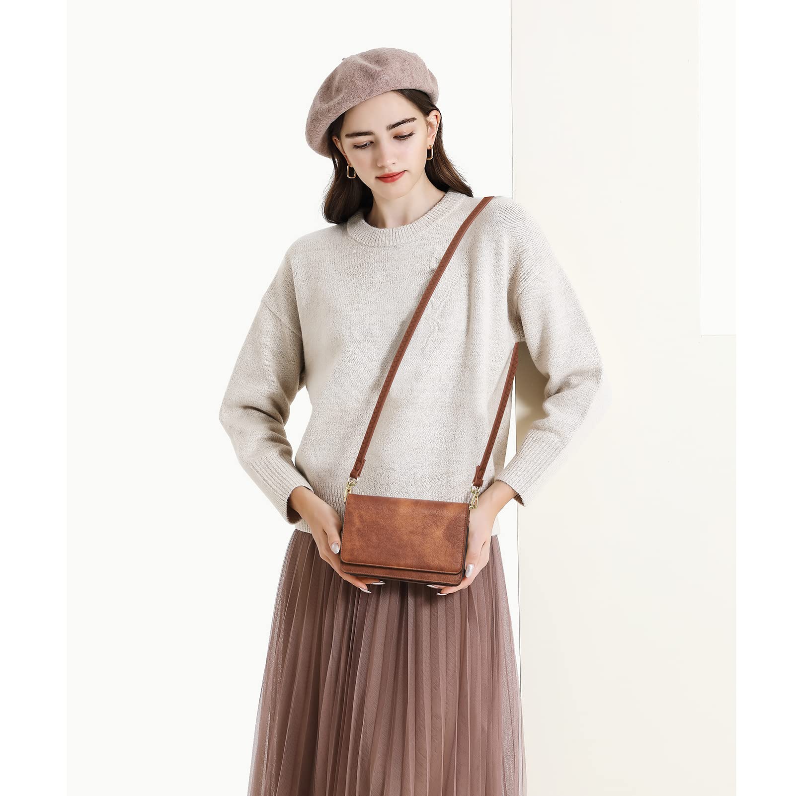 BROMEN Crossbody Bags for Women Small Cell Phone Shoulder Bag Wristlet Wallet Clutch Purse White with Mocha Brown