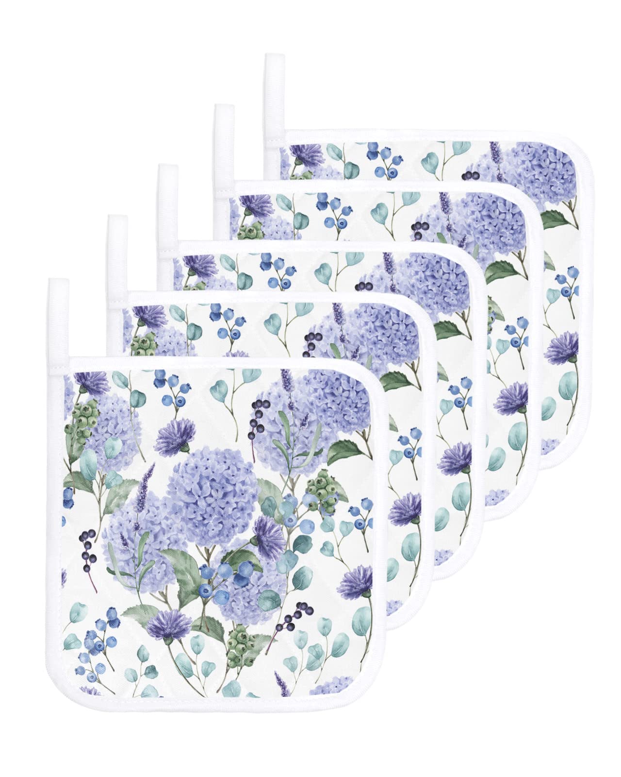 5 PCS Pot Holders with Hanging Loops, Blue Flower Heatresistant Potholders Coasters Mat for Kitchen Cooking Baking BBQ Vintage Spring Hydrangea Floral Watercolor
