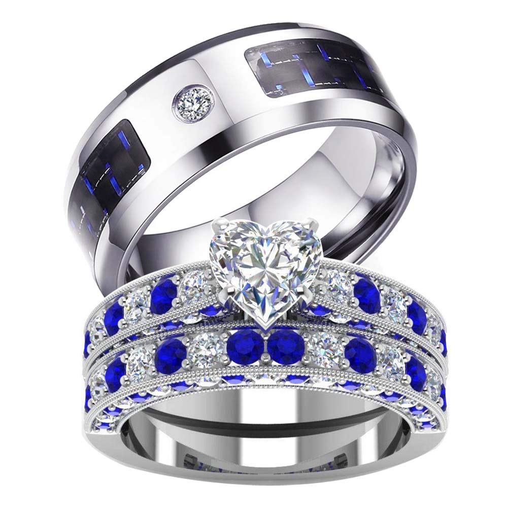 3pc TWO RINGS His Hers Wedding Ring Sets Couples Rings Women's White Gold Plated Heart CZ Wedding Engagement Ring Bridal Sets Men's Stainless Steel Wedding Band