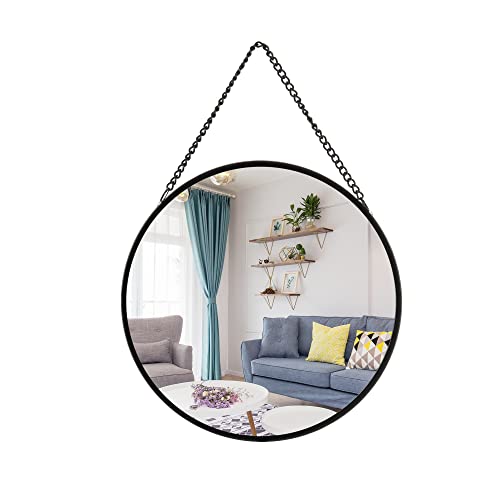 Bowenturbo Hanging Wall Mirror Decorative Metal Round Mirror with Chain for Home Decor Bathroom Bedroom Living Room… (7.9", Black)
