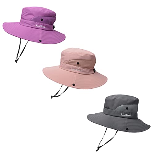 3 Pieces Women's Outdoor Ponytail Safari Sun Hat Foldable Mesh Wide Brim Beach Fishing Hat (Pink & Purple & Grey)
