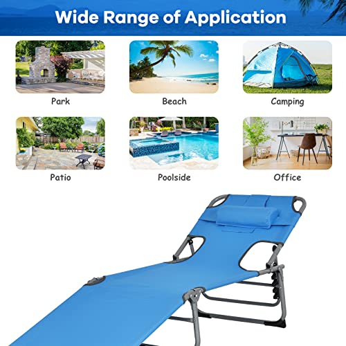 BANGTANE Tanning Chair, Lounge Chair for Outside, Portable Folding Beach Lounger w/ 5 Backrest Positions, Face Hole & Removable Pillow, 331LBS, Ideal for Poolside, Beach, Garden (Blue)