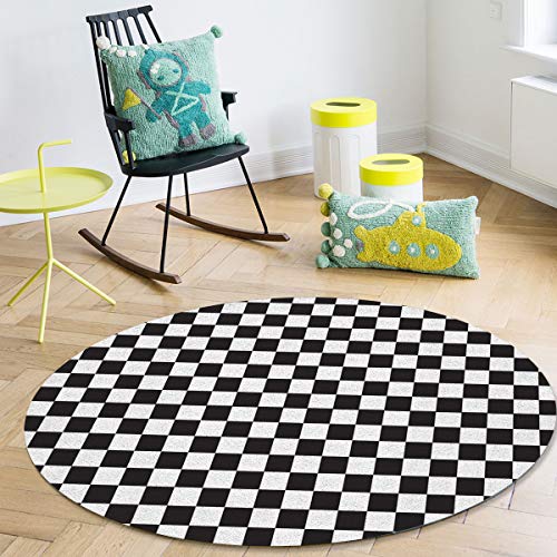 Olivefox Round Area Rugs Modern Black and White Checkered Lattice Pattern Super Soft Indoor Stain-Proof Carpet Floor Mat Anti-Skid Runner Rugs for Home Living Room, Bedroom, Dining Room, 4 Feet