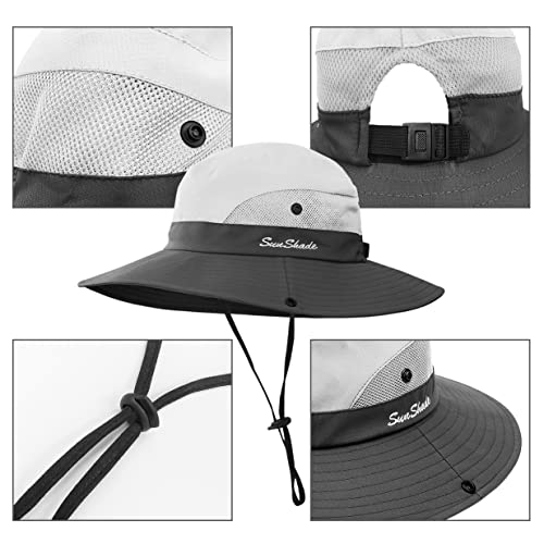 3 Pieces Womens Ponytail Wide Brim Sun Hat Packable UV Protection Beach Cap for Fishing & Hiking(Black&Gray&Pure Beige)