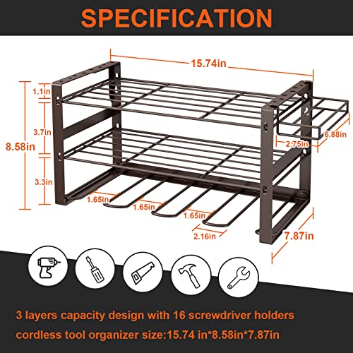 Power Tool Organizer, Heavy Duty Floating Tool Shelf, 3 Layers Metal Power Tool Holder Organization Garage Wall Mounted Utility Storage Rack for Cordless Drill Charging Station Screwdriver, Brown