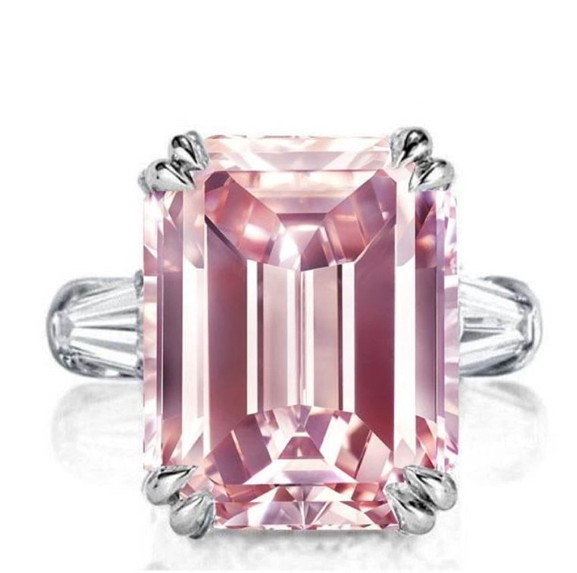 5 Ct Emerald Cut Created Pink Sapphire & Baguette Cut Created Diamond Three Stone Engagement Ring 14k White Gold Plated 925 Sterling Silver (5.5)