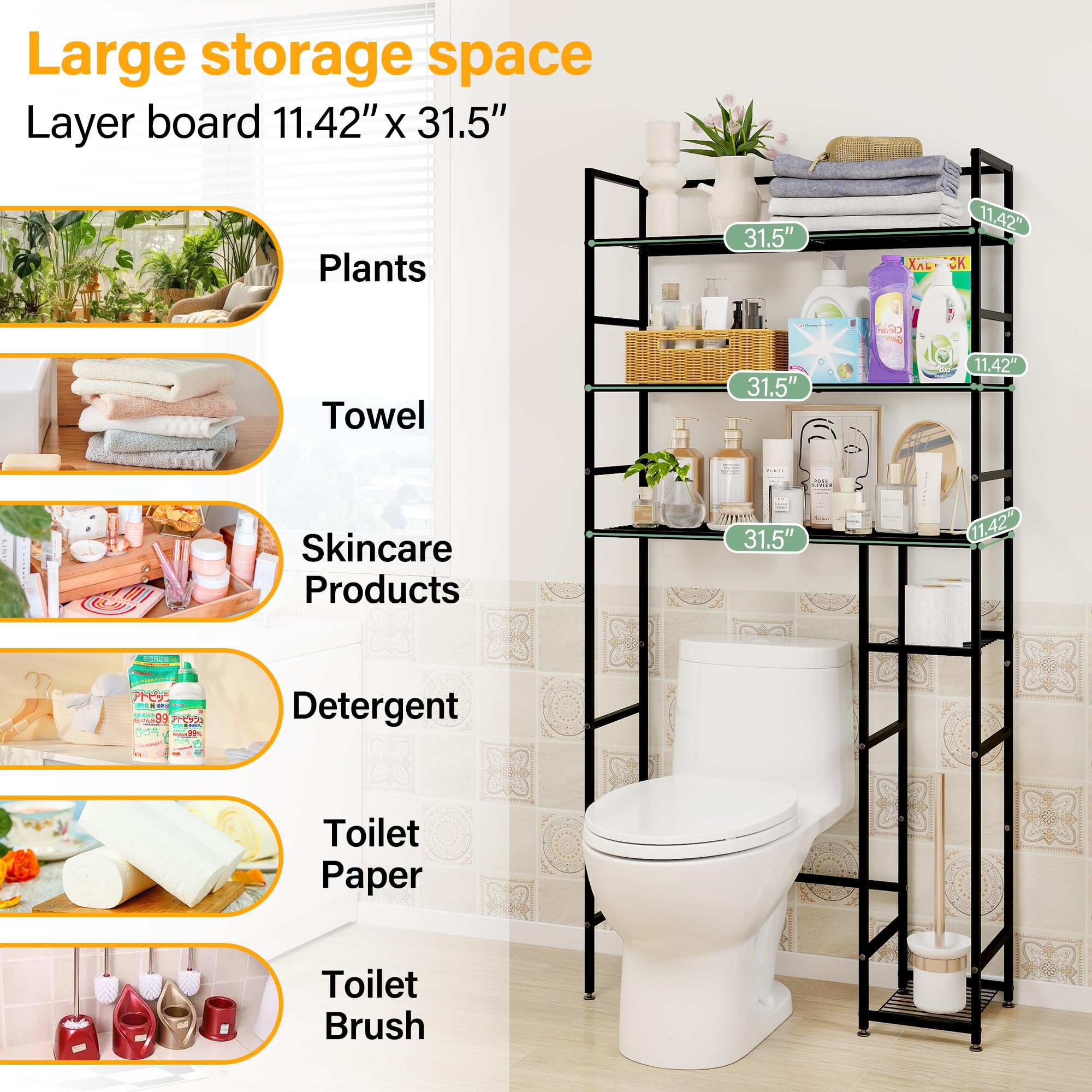 MallBoo Over The Toilet Storage, 5 Tier Bathroom Organizer Shelf, 31.5''W Toilet Rack with Adjustable Feet, Bathroom Rack for Restroom, Laundry, Balcony(Black)