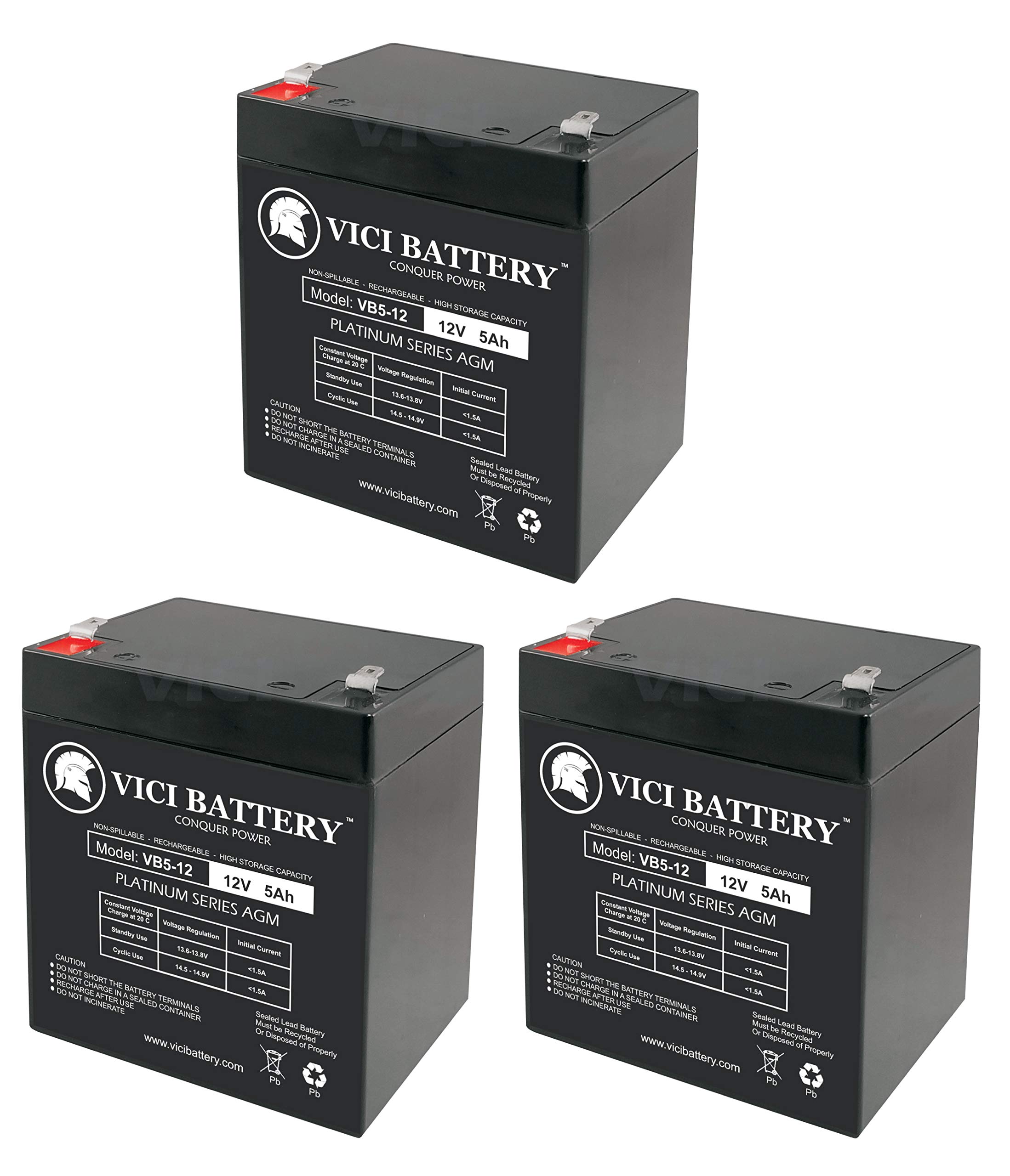 VICI Battery VB5-12 - 12V 5AH Replacement for UPS Battery for Topin 12V5AH/20HR Battery - 3 Pack Brand Product