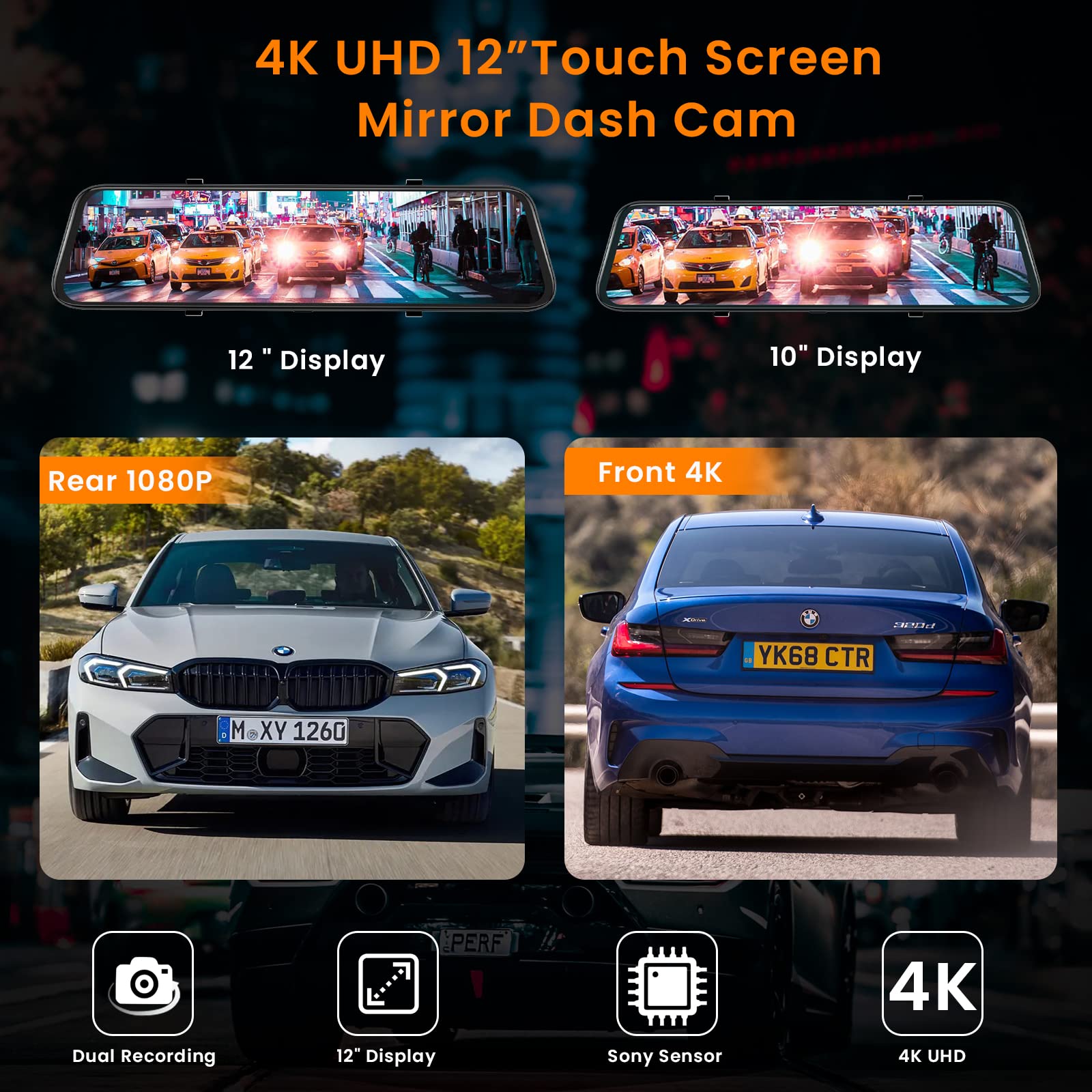 4K Mirror Dash Cam, 12" Dash Cam Front and Rear 4K+1080P Backup Camera, Rearview Mirror Camera with Touch Screen, Voice Control, Night Vision, Parking Monitor Dual Dash Camera for Cars