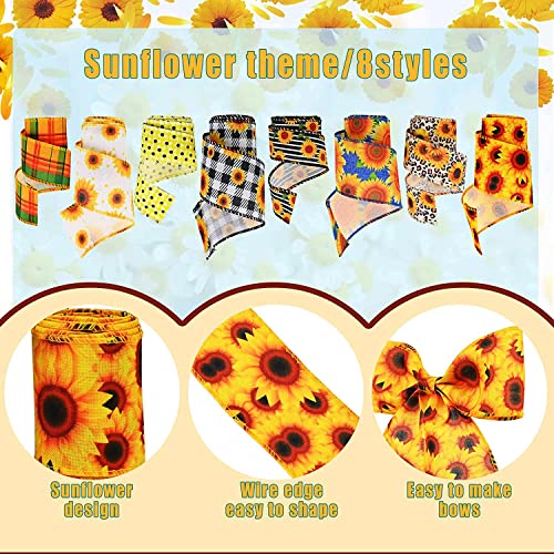 Kuscul 8 Rolls 32 Yards Sunflower Wired Ribbon Fall Autumn Wired Edge Ribbon Thanksgiving Fabric Decorative Ribbon for Gift Wrapping Hair Bow Sewing Crafts Wreath, 2.5in/ 1.5in