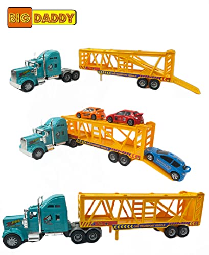 Big Daddy Heavy Duty Tractor Trailer Race Car Carrier Toy Truck with 3 Cars Bundle