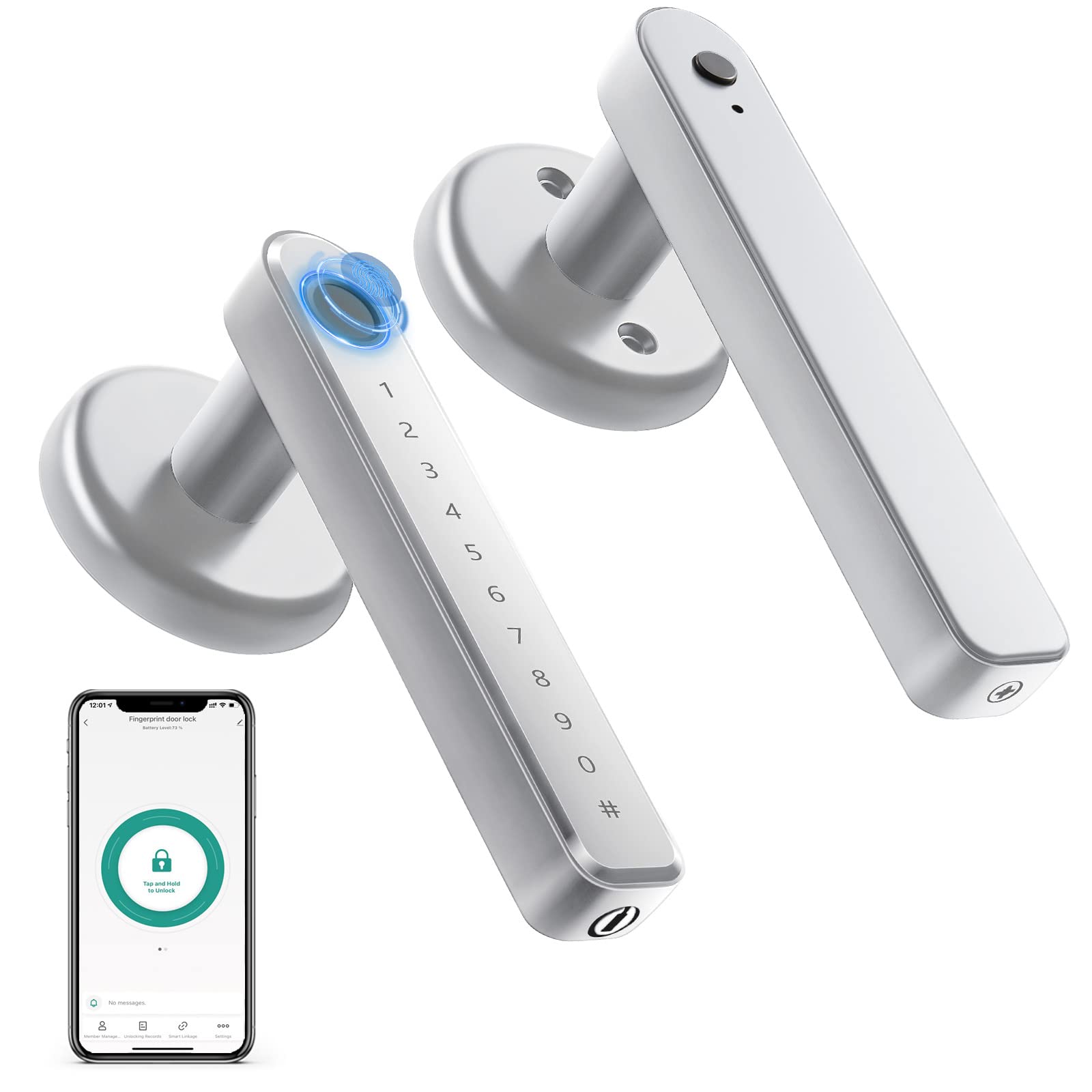 MILLIONHOME Fingerprint Door Lock Door Knob with Keypad Keyless Entry Door Lock with Handle for Home Hotel Office Apartment Bedroom Silver