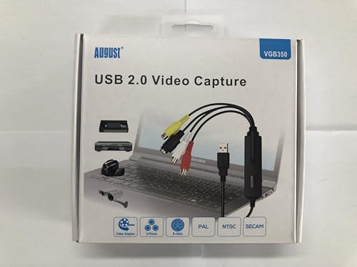 USB Video Capture Card Grabber - August VGB350 - Transfer VHS Mini DV Hi8 DVD to Computer for Windows 11,10,8,7, Composite S-Video, PAL/NTSC/SECAM, Convert Video from VCR & Camcorder