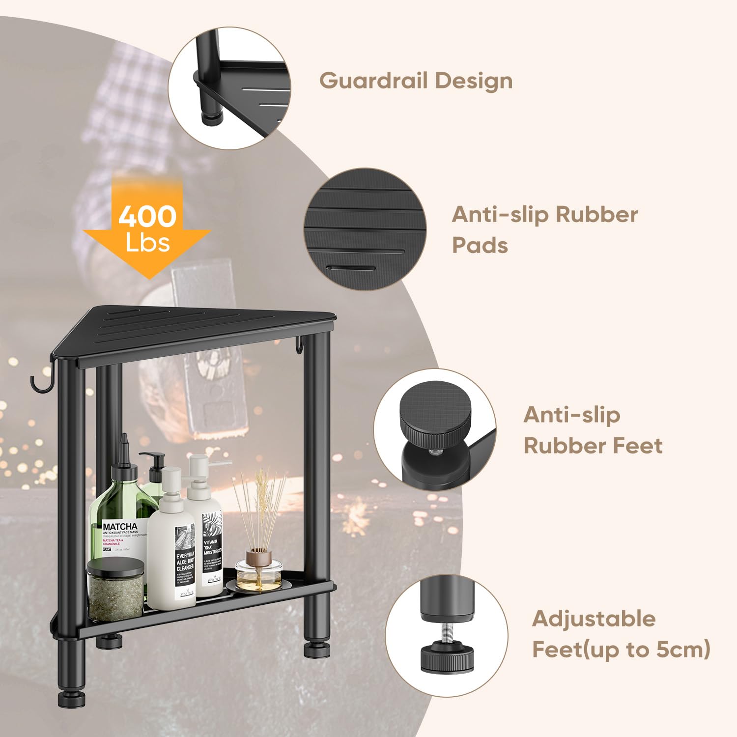 XJJX Metal Corner Shower Stool for Shaving Legs,Shower Bench for Inside Shower,Corner Shower Bench with Storage Shelf,Shower Foot Rest Bench Suitable for Small Shower Spaces