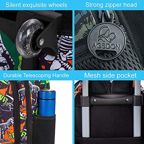 3PCS Rolling Backpack for Boys,Kids Dinosaur Bookbag with Roller Wheels, Suitcase School Bag Set for Toddler Elementary