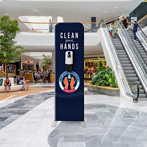 BannerBuzz Touch-Free Dispenser Floor Stand Kit Touchless Machine with Clean Your Hands Fabric Banner Stand Best for Hospital, Home, School, Office- 2 X 6.5 Ft (Double Side Print, Theme: 3)