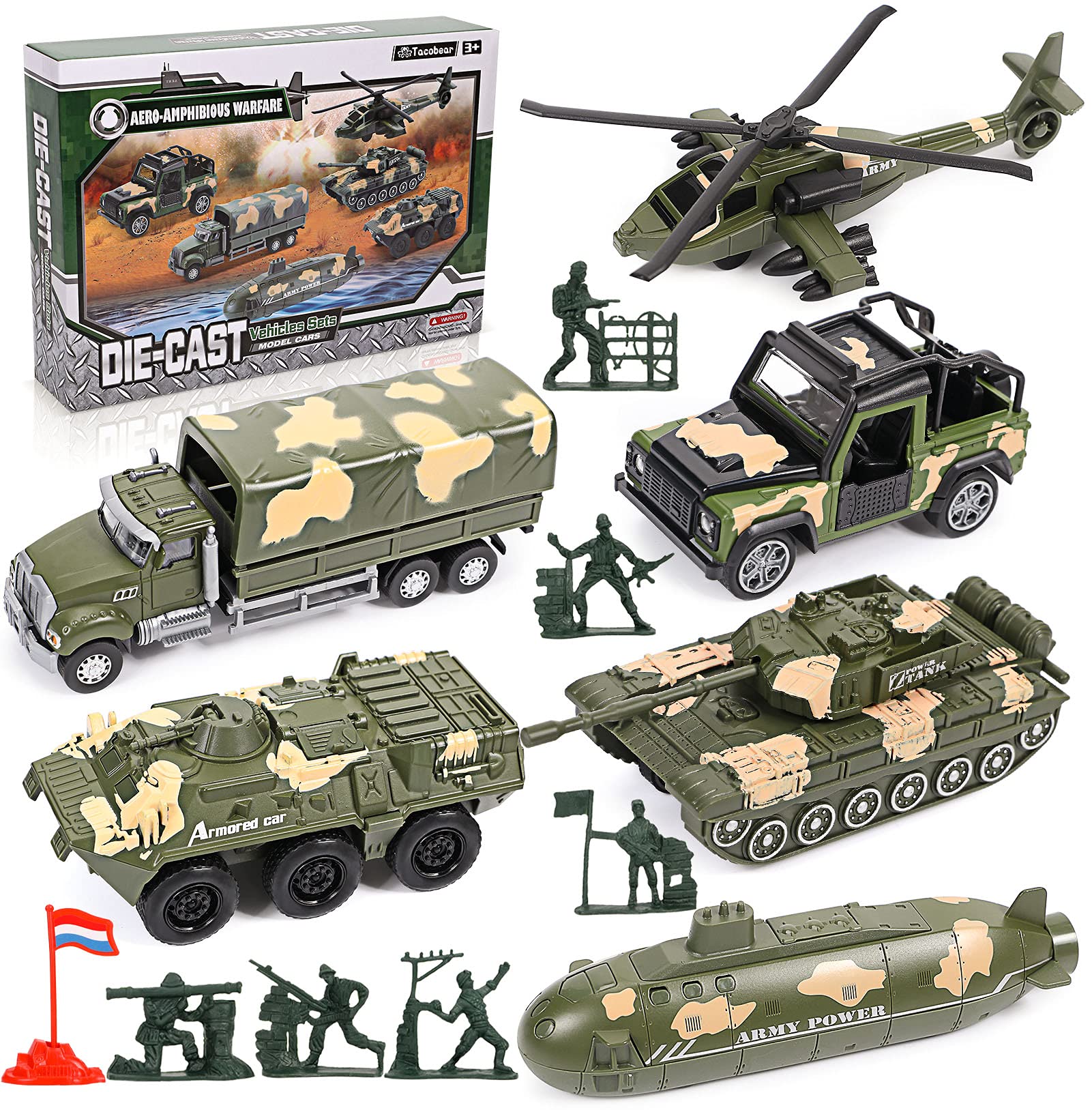 Die-cast Military Vehicles Toy Set, 6 Pack Alloy Army Toys Playset with Army Men Action Figures, Tank, Panzer, Helicopter, Truck, Submarine for Kids Boys Toddlers