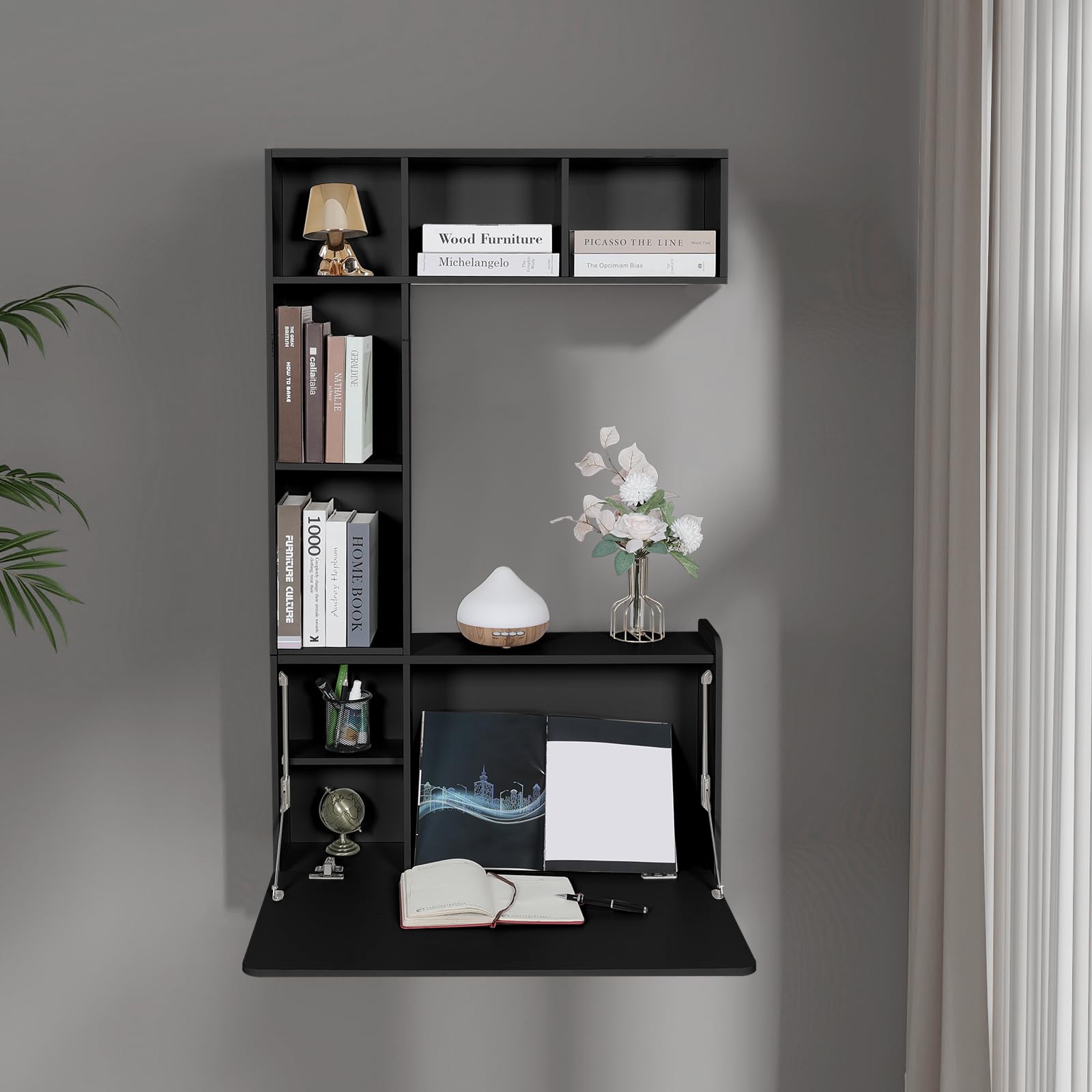 YUSING Floating Desk, Wall Mounted Table, Multifunctional Fold Down Wall Mounted Laptop Computer Workstation with Storage Shelves(Large)