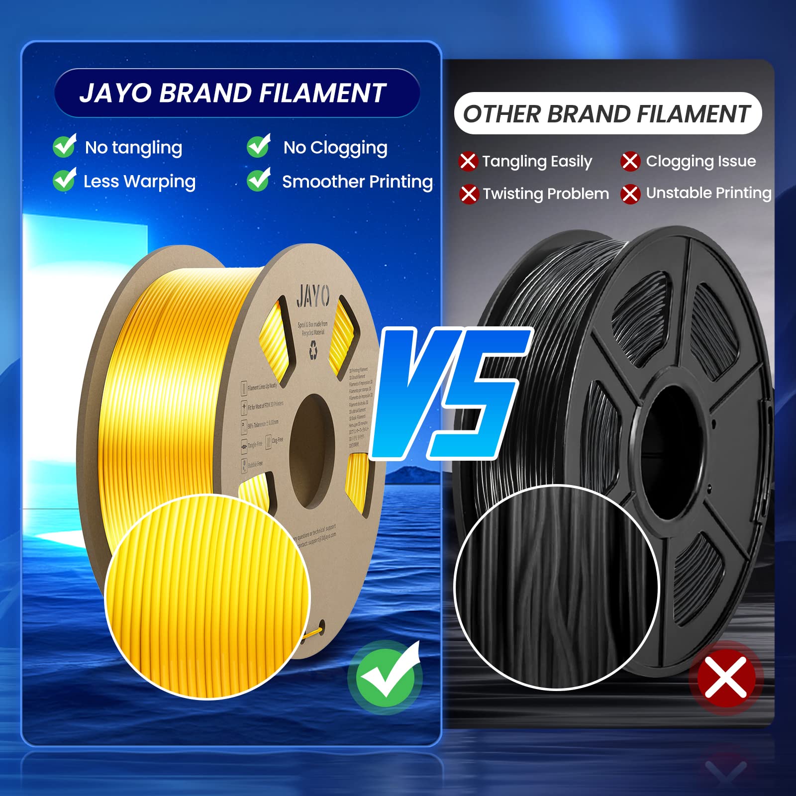 Silk Shiny PLA 3D Printer Filament 1.75mm, JAYO Silk PLA 0.65kg Spool 3D Printing Material, Silky Shine Surface, Neatly Wound Filament, Fits for Most FDM 3D Printers, Light Gold 650g
