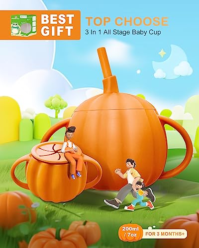 BRVTOT 3 in 1 Training Cups for Baby & Toddler 7 oz, Spill Proof Toddler Straw Cup & Snack Containers Cup with DustProof Lid, BPA Free Silicone Baby Sippy Cup for 1+ Year Old, Cute Pumpkin Baby Gifts
