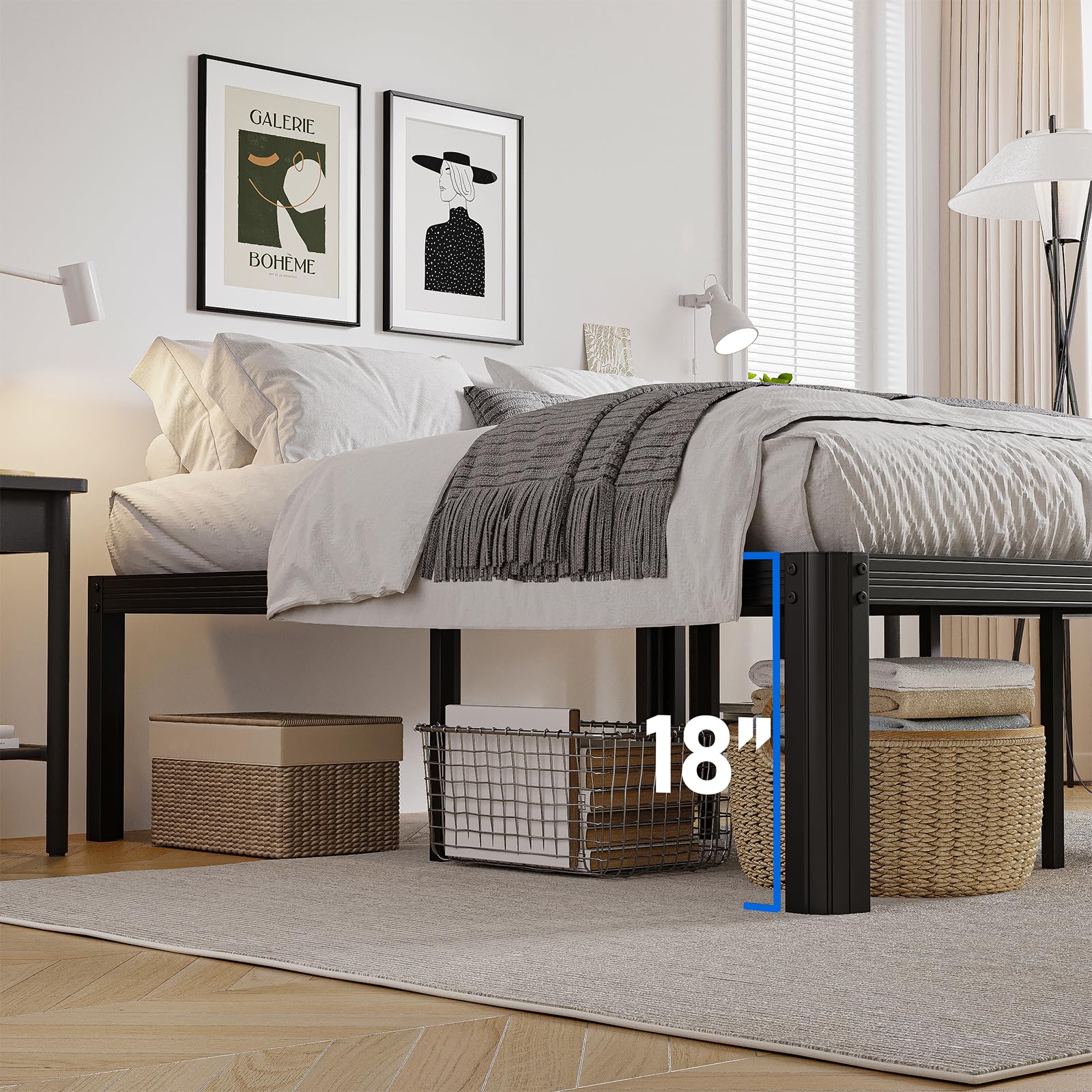 Askeld Queen Bed Frames, 18 Inch High Bedframe No Box Spring Needed, Heavy Duty Steel Slats Platform Mattress Base, 4500lbs Weight Capacity Reinforced Metal Frame, Noise-Free, Easy Assembly, Black