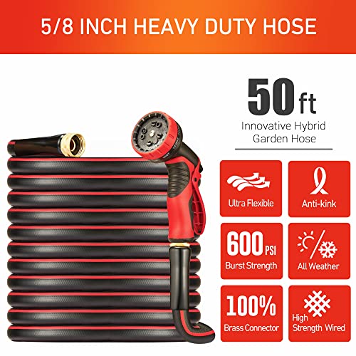 Palint Hybrid Garden Hose 50 ft x 5/8", Heavy Duty Flexible Lightweight No Kink Water Hose 50ft with 10 Function Sprayer Nozzle, 3/4'' Solid Brass Fittings, Ultra Durable, All-weather, Burst 600 PSI
