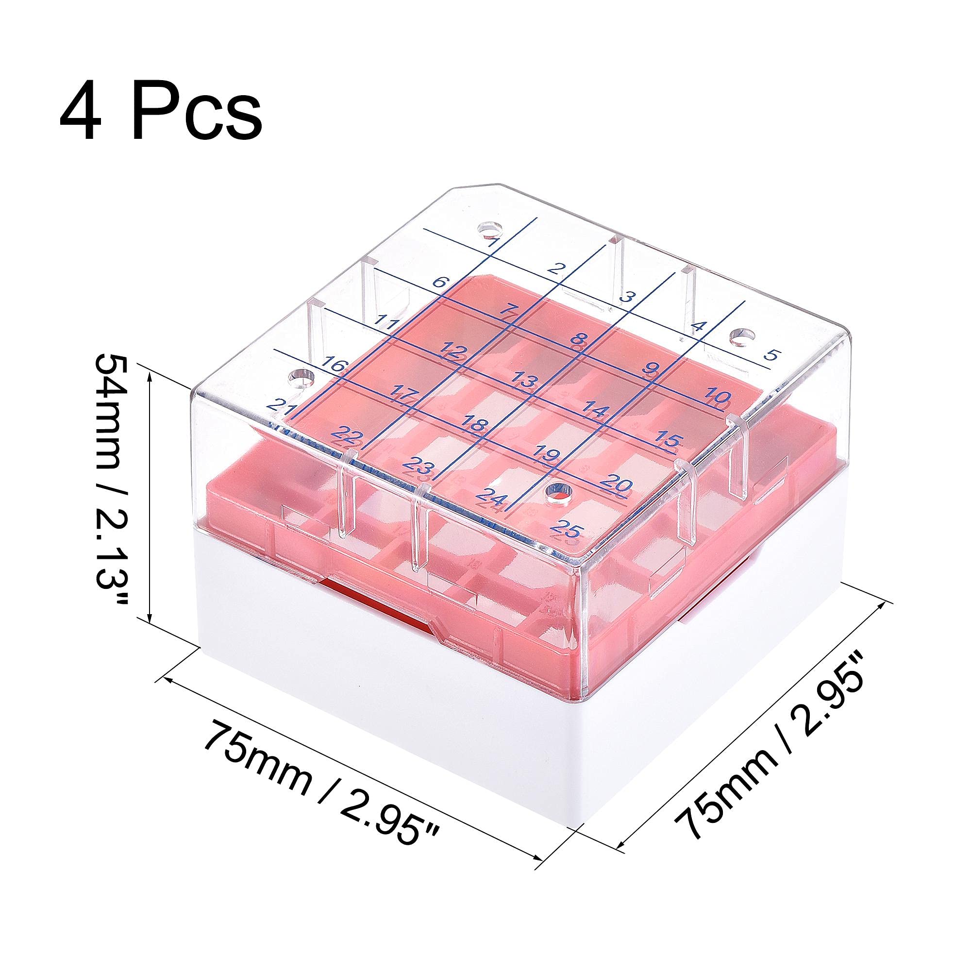 uxcell Centrifuge Tube Freezer Storage Box 25 Places Waterproof Polypropylene Cryogenic Holder Rack for 1.8/2ml Microcentrifuge Tubes Vials Samples, Red Pack of 4