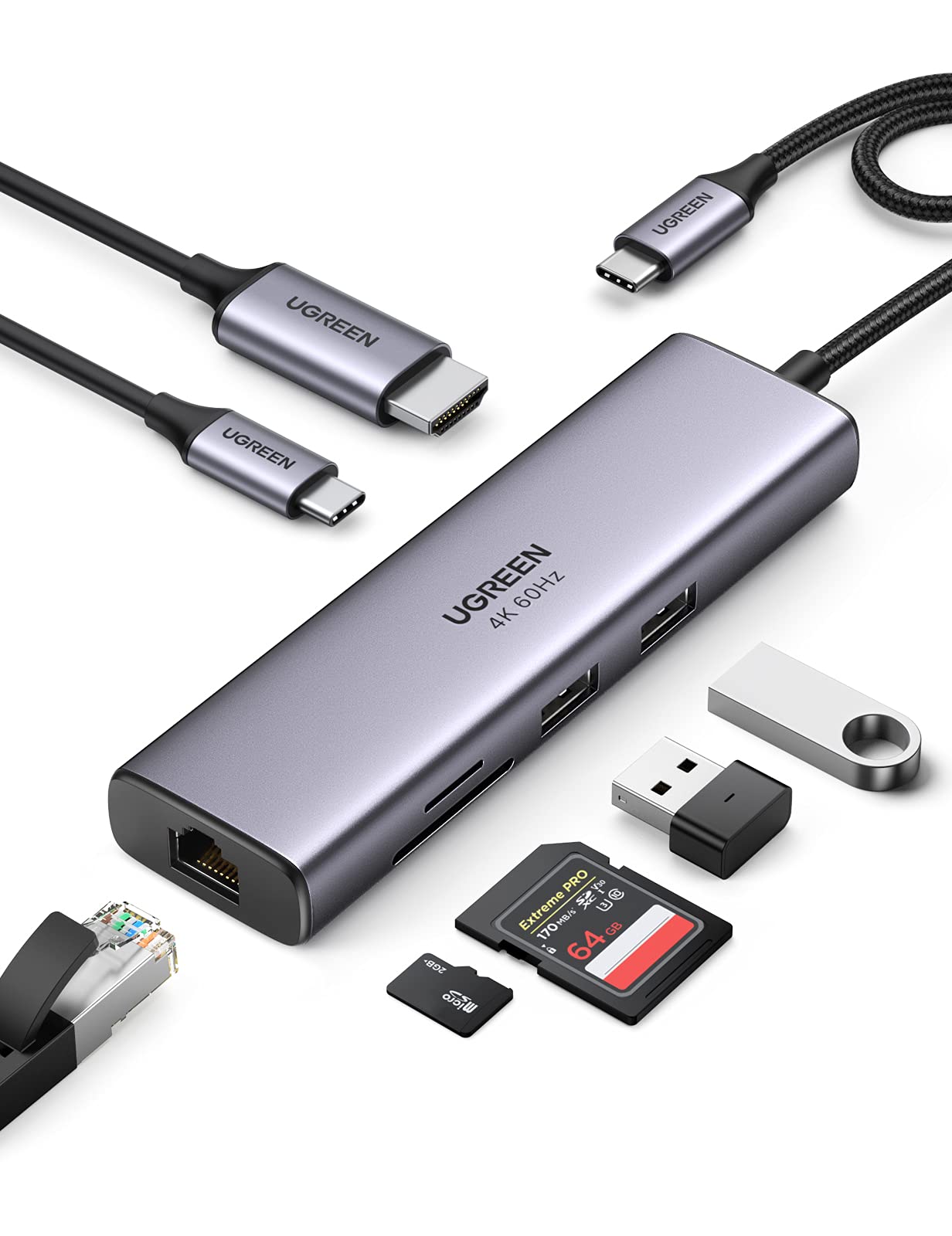 UGREEN Revodok 7 in 1 USB C Hub Gigabit Ethernet Adapter 4K@60Hz HDMI, 100W PD Charging, USB A Data Ports, SD/TF Card Reader Compatible with Mac M1, M2, M3, iPad, iPhone 15 Pro/Pro Max, Steam Deck