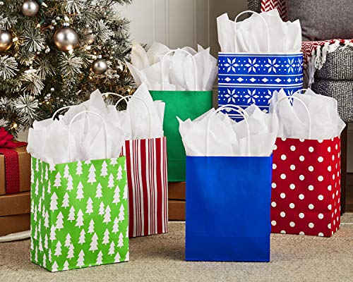 Hallmark 9" Medium Holiday Gift Bag Assortment (Pack of 12, Solids and Prints in Red, Green, Blue) Paper Gift Bags with Christmas Trees, Stripes, Polka Dots